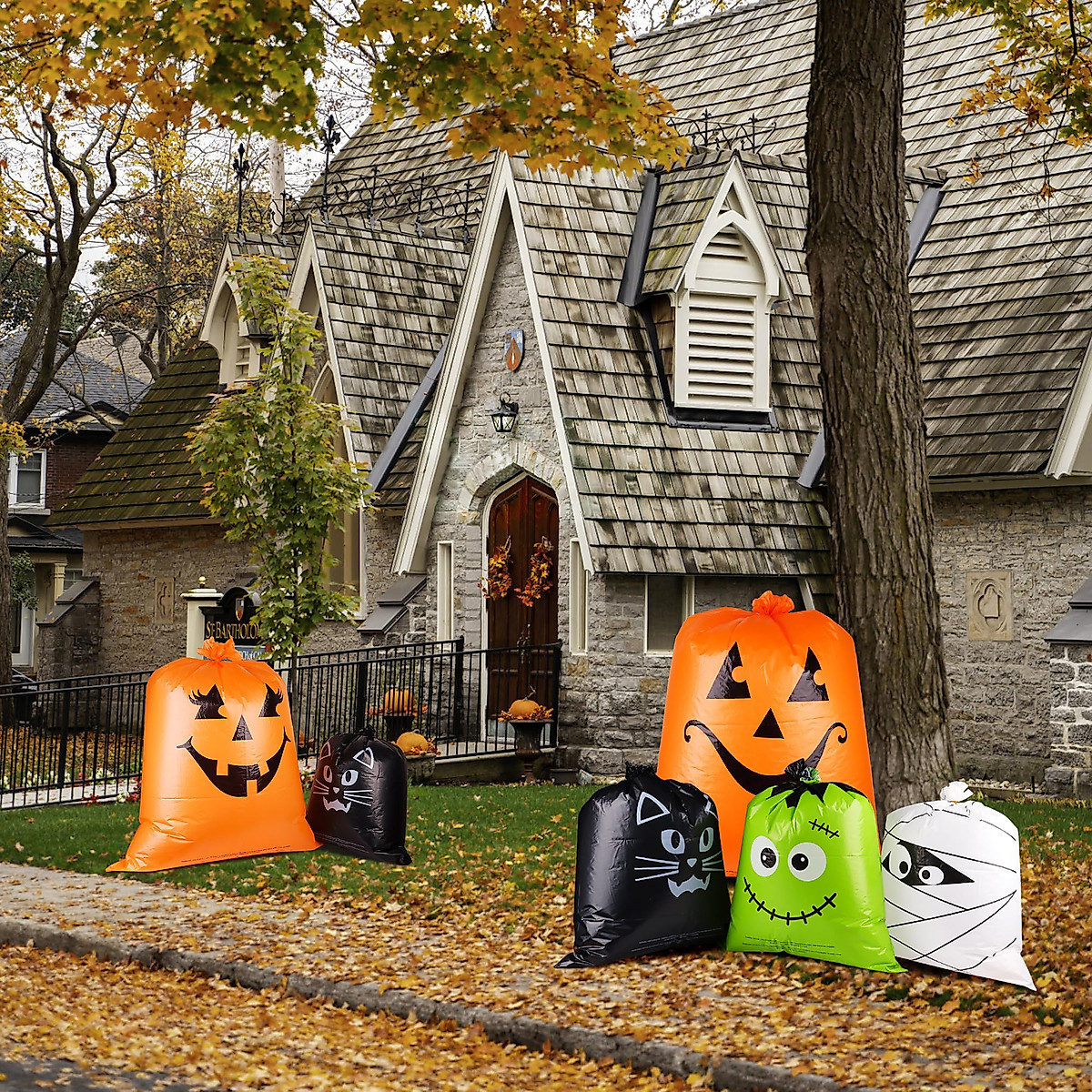 POPGIFTU 12 PCS Halloween Lawn Leaf Bags Pumpkin Lawn Bags, with 6 Halloween Pattern Designs, Plastic Outdoor Fall Leaf Trash Bag for Fall Decorations Outdoor Yard Lawn Halloween Decorations