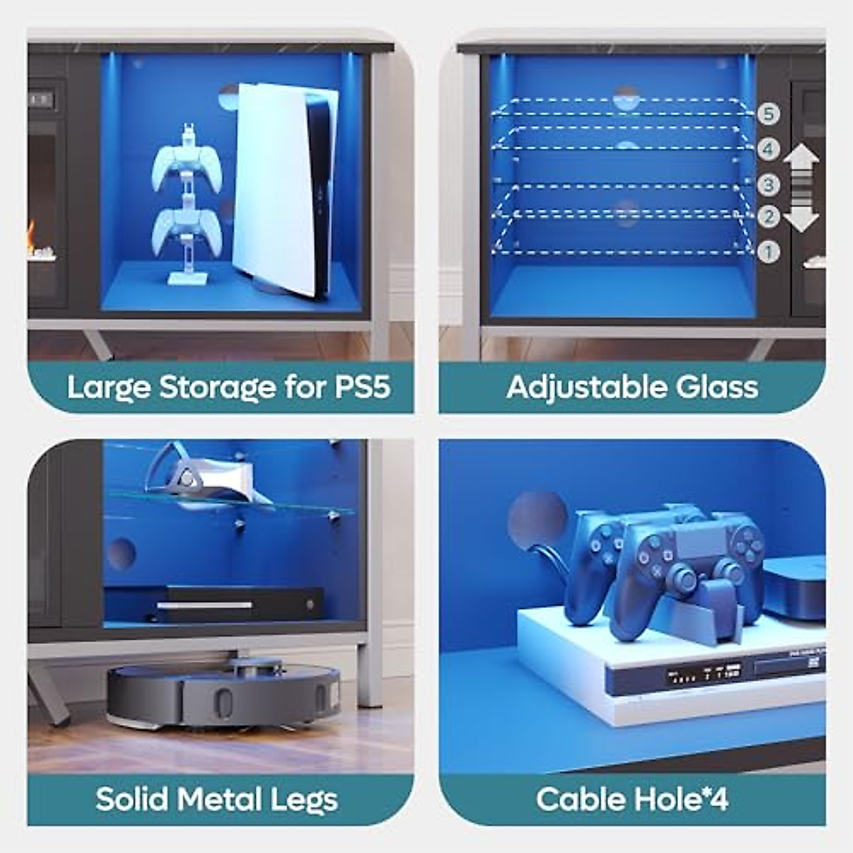 Bestier Fireplace TV Stand for 70/75 inch TV, Gaming LED Entertainment Center with 23 inch Electric Fireplace for PS5, Modern TV Console with Adjustable Glass Shelves for Living Bedroom Black Marble