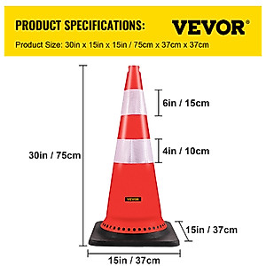 VEVOR Safety Cones, 8 x 30" Traffic Cones, PVC Orange Construction Cones, Reflective Collars Traffic Cones w/Black Weighted Base Used for Traffic Control, Driveway Road Parking and School Improvement