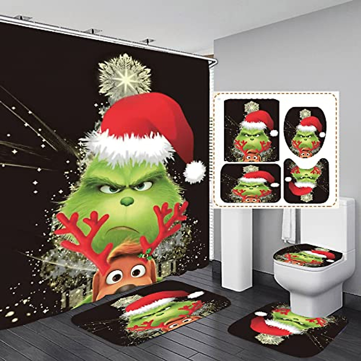 4Pcs Christmas Elk Grinch Shower Curtain Set with Non-Slip Rugs,Bath Mat and Toilet Lid Cover for Bathroom Weighted Lead Hem Polyester,New Year Xmas Winter Holiday Decor with 12 Hooks 72x72 in(50)