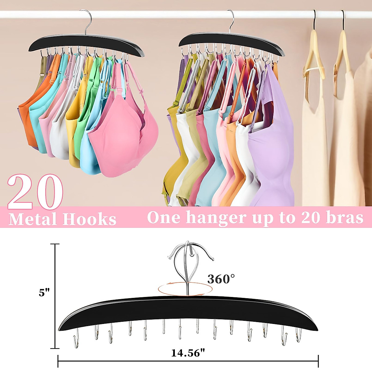 Bra Hanger for Closet, 360° Rotating Bra Organizer Space Saving w/20 Foldable Metal Hooks, Tank Top Hanger Closet Organizers and Storage for Camisoles/Tank Tops/Bras/Belts/Scarves Black
