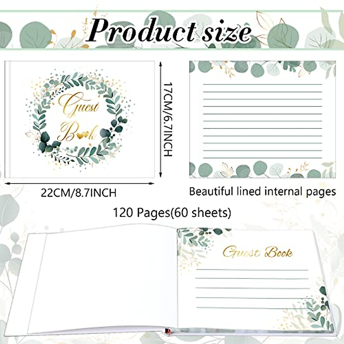 Wedding Guest Book 120 Pages Guest Sign in Book Guest Registry Guestbook White Cover with Gold Foil Guest Book, 6.7 x 8.7 Inches Hardbound (Leaf Style)