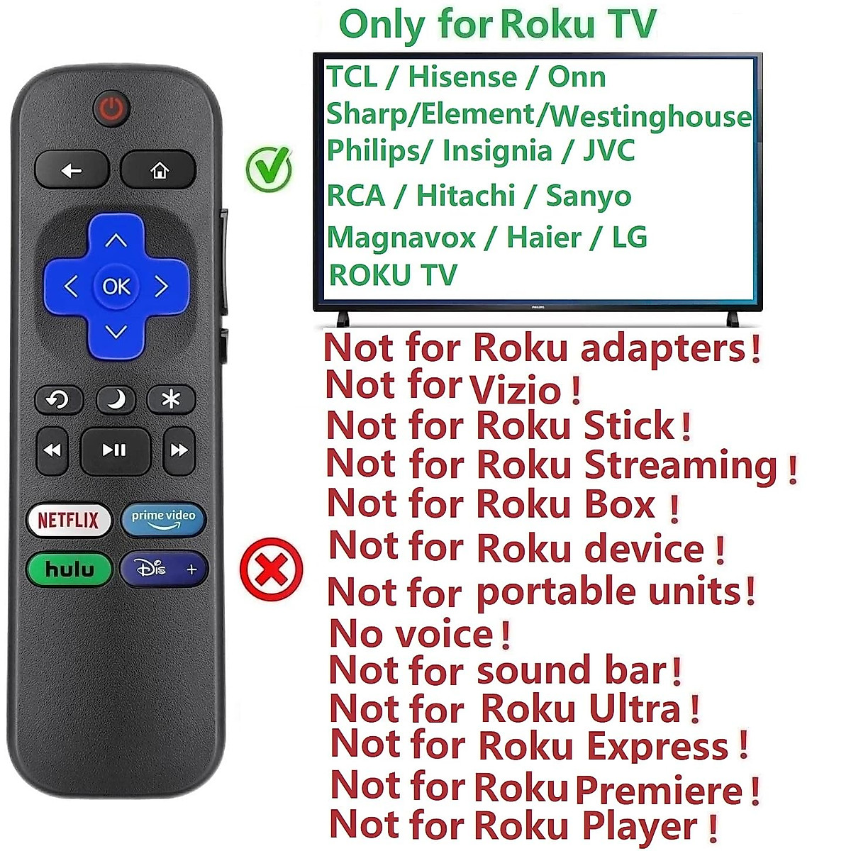 Rupmmehon (Pack of 2) Replacement Remote Control Universal for Roku TV/for Hisense/Element/TCL/Sharp/Onn/Philips/Hitachi/JVC Roku Series Smart TVs