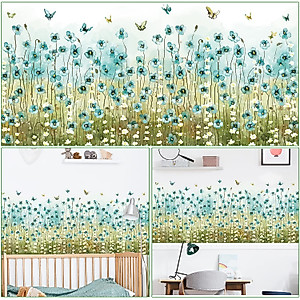 LiveGallery Blue Flowers Wall Decals White Daisy Wall Stickers DIY Peel and Stick Butterfly Plants Wall Sticker for Baby Kids Girls Bedroom Nursery Living Room Office Corners Skirting Lines