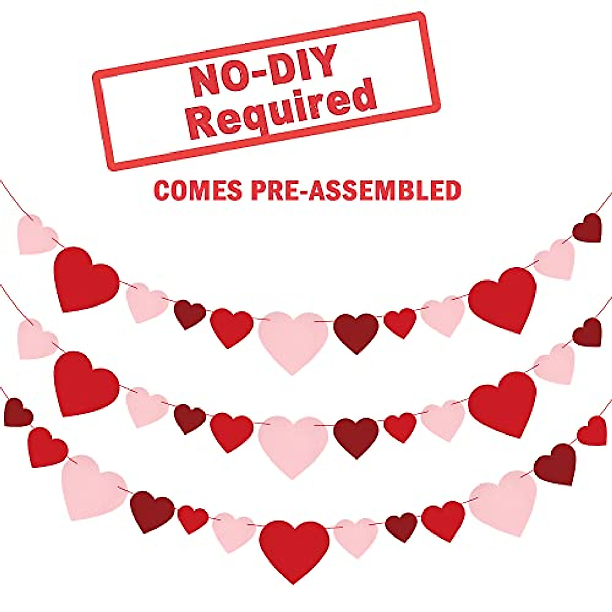 Felt Red Valentines Heart Banner - No DIY Required, 3 Strings | Red Heart Garland for Romantic Decorations Special Night | Heart Decorations, Valentines Day Garland for Valentines Day Decorations
