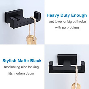 Aomasi Double Coat Hook, Stainless Steel Towel Robe Hook Kitchen Toilet Bathroom Accessories Dual Holder Heavy Duty Wall Mount, Matte Black