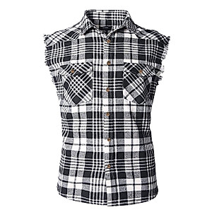 NUTEXROL Men's Casual Flannel Plaid Shirt Sleeveless Cotton Plus Size Vest X-Large Black and white