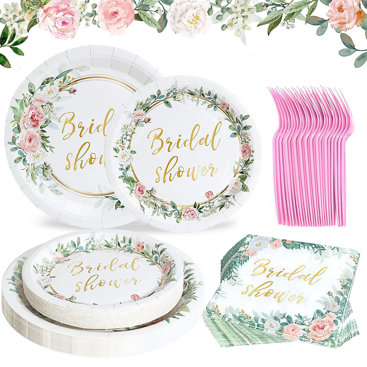 QIFU Bridal Shower Decorations Party Tableware - Pink and Gold Floral Paper Plates,Dessert Plates,Napkins and Forks Sets for 24 Guests, Celebrate the Bride-to-be Bachelorette Party Supplies