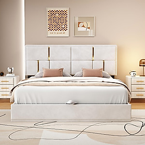 Anwickhomk Lift Up Storage Bed Queen Size Modern Upholstered Platform Bed with Headboard Wood Bed Frame with Hydraulic Storage System,Noiseless No Box Spring Needed, Easy Assembly (White)