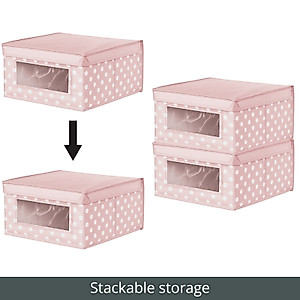 mDesign Medium Soft Stackable Fabric Baby Nursery Storage Organizer Holder Bin Box with Front Window and Lid for Child/Kids Bedroom, Playroom, Classroom - 4 Pack - Pink/White Polka Dot