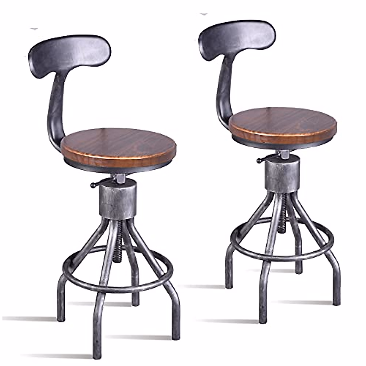 Diwhy Industrial Vintage Bar Stool,Kitchen Counter Height Adjustable Pipe Stool,Cast Iron Stool,Swivel Bar Stool with Backrest,Metal Stool,Silver,Fully Welded Set of 2 (Wooden Top)