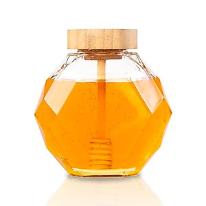 12 Ounce Glass Honey Jars with Dipper,Airtight Hexagonal Lid Glass Honey Jars,Honey Jar with Natural Wood Lid and Dipper Transparent Honey Jar and Honey Stick set with Lid TIMUR HOME KITCHEN (Cork)