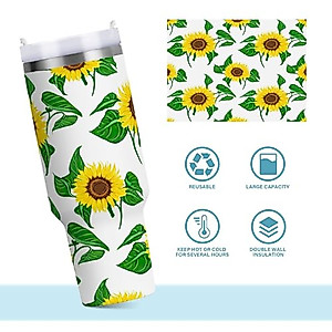 RPLIFE Bright Sunflowers Green Leaves 40 Oz Tumbler with Handle and Straw, Stainless Steel Water Bottle with Straw, Tumbler for Men