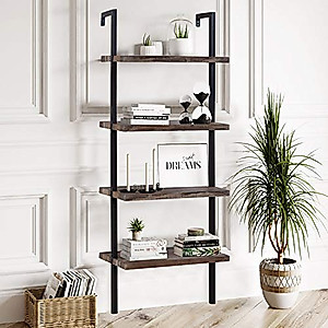 Bookshelf 4-Tier Wall Mount Ladder Storage Industrial Bookcase Shelf Modern Wood Book Shelf Unit with Metal Frame for Home Office Living Room