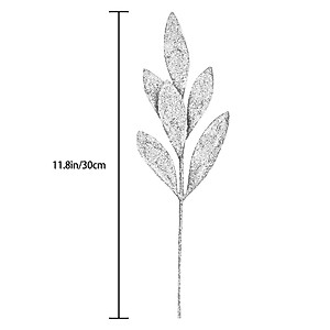 Dolicer 24PCS Artificial Silver Glitter Leaf Fake Plants Silver Leaves Christmas Glitter Leaf Spray Christmas Floral Vase Arrangement Bouquets for Christmas Tree Wedding Home Garden Party Gift Decor