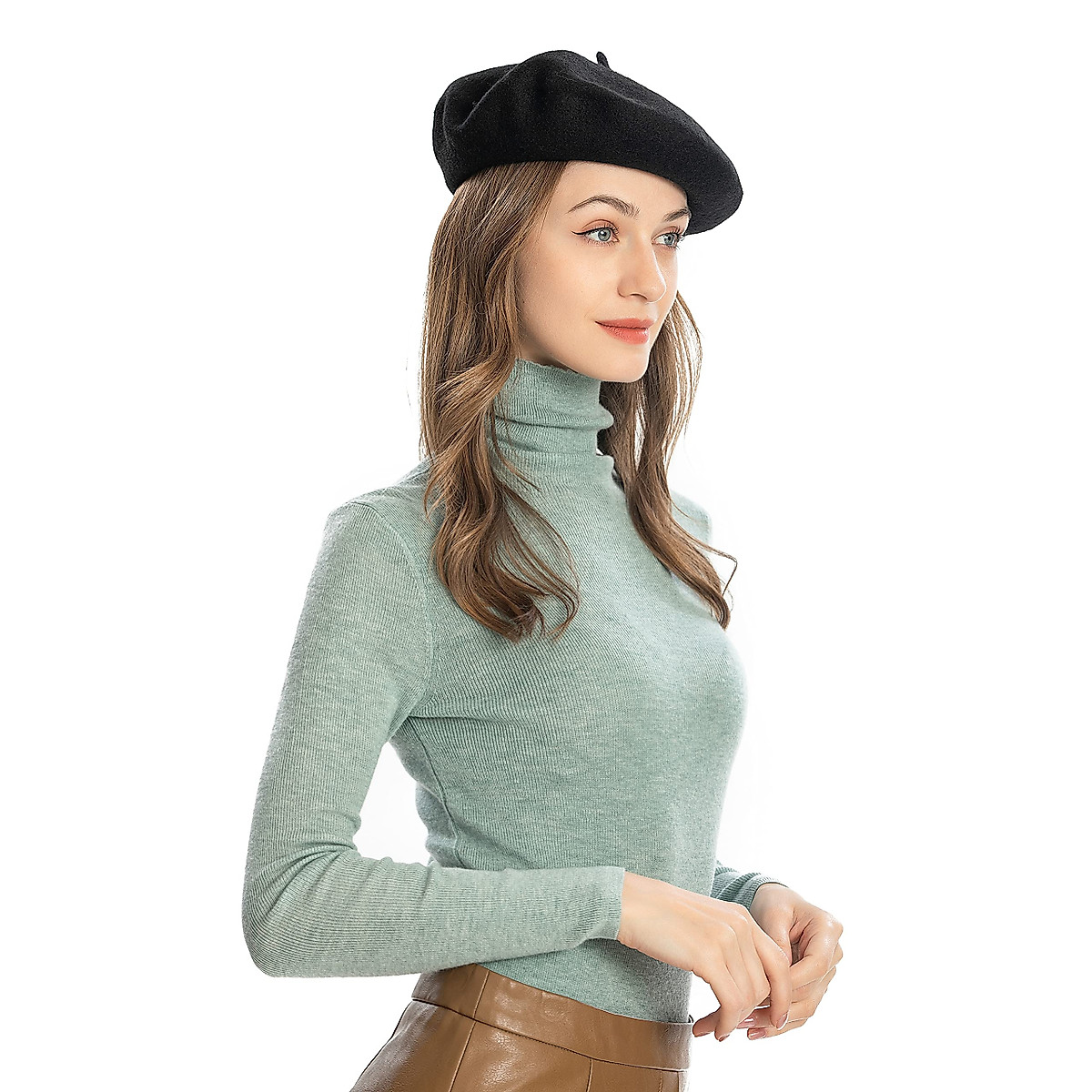 ZLYC Wool French Beret Hat Solid Color Beret Cap for Women Girls (Black)