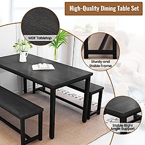 Recaceik 3-Piece Dining Table Set for 4, 43'' Dining Room Table Set with 2 Benches, Space-Saving Dinette Table with Metal Frame & MDF Board, Breakfast Table for Kitchen, Dining Room, Black