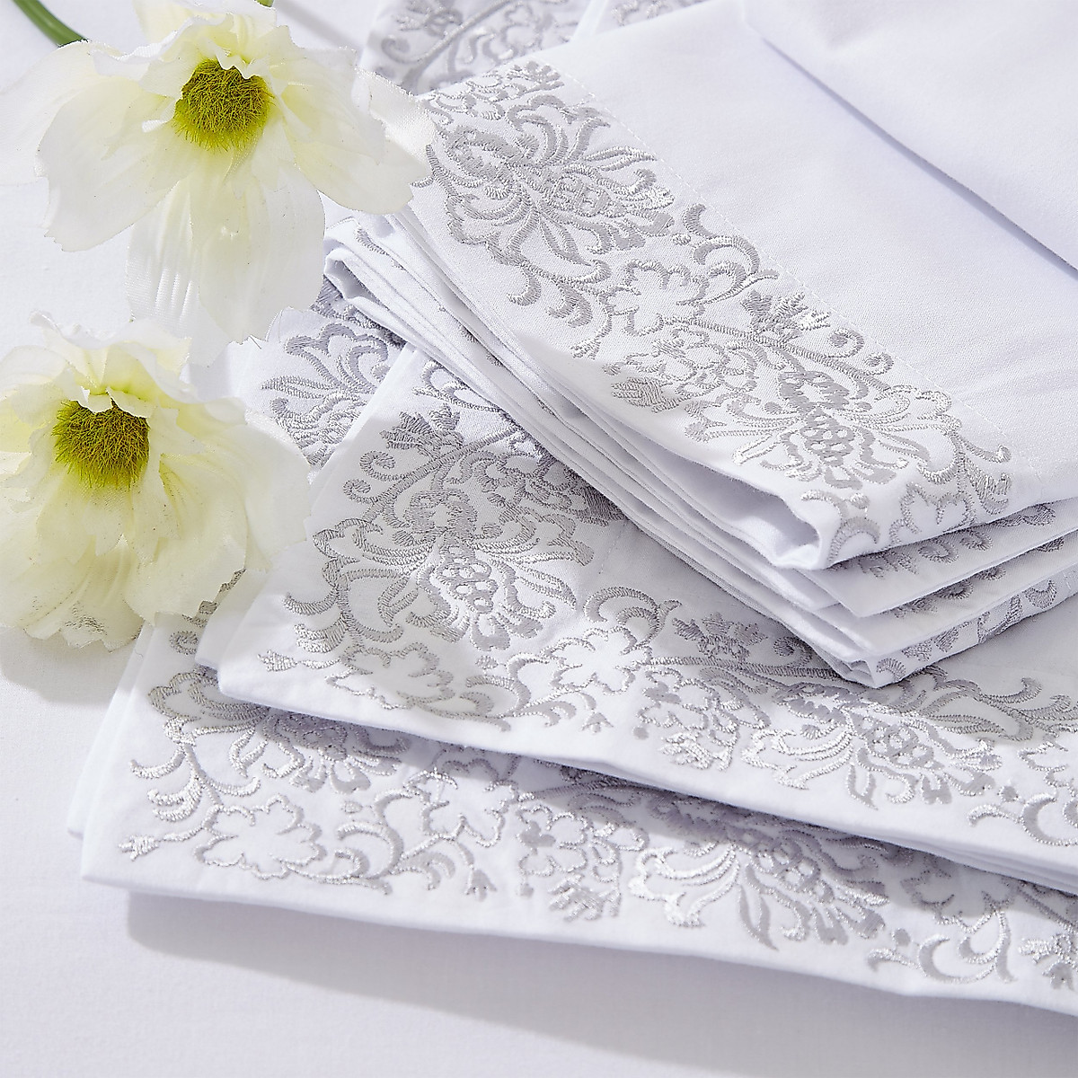 Superior Embroidered Cotton Duvet Cover Set, Soft Bedding Covers, Bedroom, 1 Duvet Cover with Button Closure, 1 Pillow Sham, Elegant Design, Moonlawn Collection, Twin/Twin XL, White