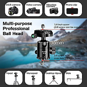 Manbily Professional Tripod Ball Head,Super Long Lens Does Not Easy Nod or Sag,Rotate 360 Degrees,Quick Release Plate and Level Gauge,CNC Metal Aluminum,for DSLR,Camcorder,monopod,Up to 33lbs/15kg
