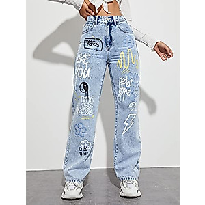 Floerns Women's Pattern Printed High Waist Wide Leg Straight Denim Jeans Pants Blue M