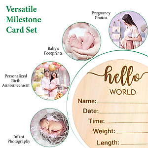 DECLAN & DELANEY Monthly Baby Milestone Cards | 16 Wooden Milestone Discs, Includes Boy/Girl Birth Announcement Sign | Baby Monthly Milestone Props Perfect for Newborn to Age 1 | Baby Shower/Gift Set