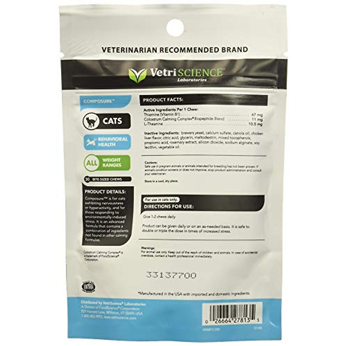 (4 Packages) VetriScience Laboratories - Composure Feline, 120 Bite-Sized Chews Total (30 Per Pack)
