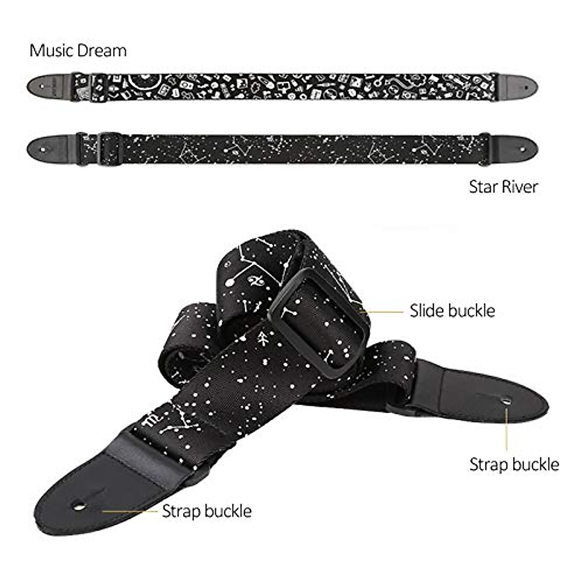 WINGOFFLY Guitar Strap Leather Ends Length Adjustable for Electric Guitar Acoustic Guitar Ukulele and Bass Top Grade(Star River)