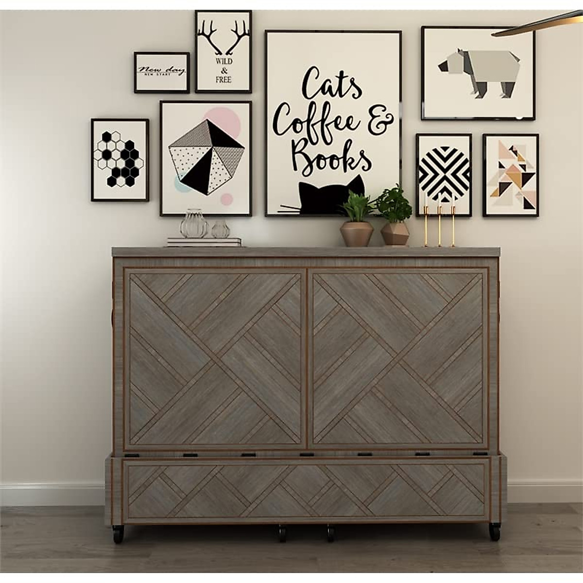 RoomAndLoft Ambrosia Queen Solid Wood Mobile Murphy Bed with Mattress in Gray