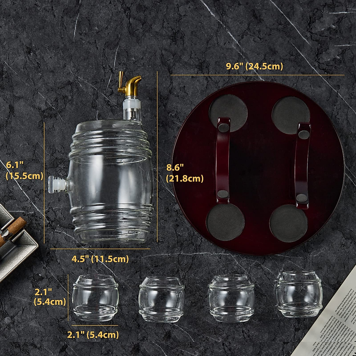 Whiskey Barrel Decanter Set - Liquor Dispenser Birthday Valentine's Day Gifts Ideas for Men Husband - 1350ML Decanter with 4 Whiskey Glasses for Alcohol, Bourbon, Scotch, Vodka, Tequila, Wine