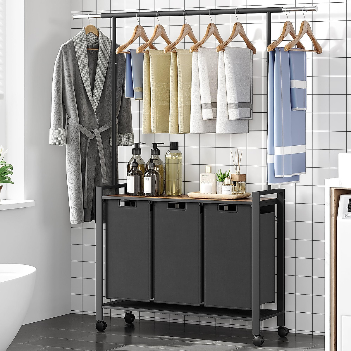 IDEALHOUSE Laundry Sorter, Rolling Laundry Hamper with Hanging Rack, Laundry Hamper 3-Section with Wheels, Hampers for Laundry, Laundry Basket Organizer for Laundry Room, Rustic Brown