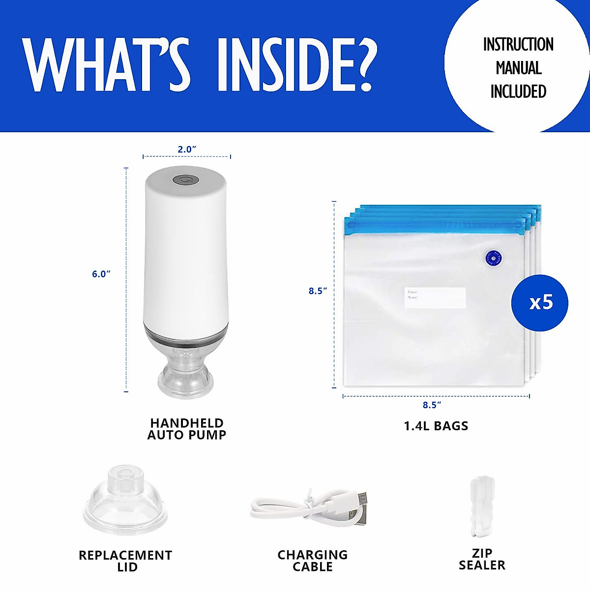 VICARKO Vacuum Food Sealer, Save Sealer, USB Rechargeable Handheld Pump, for Sous Vide and Food Storage, with 5 Reusable Zipper Vacuum Bags, Compatible with Anova Joule Sous Vide Machine