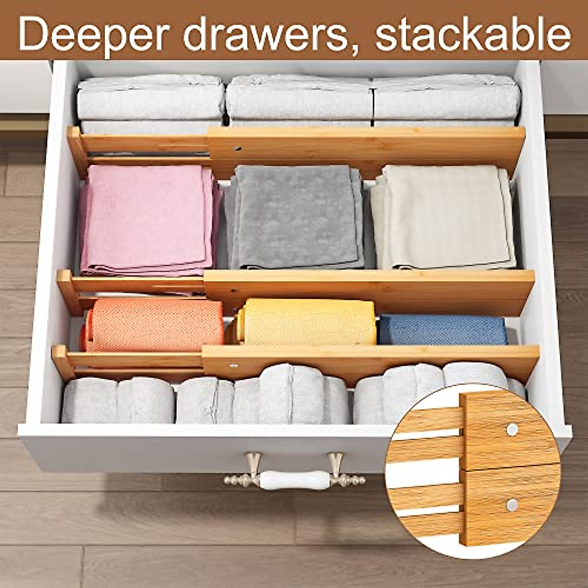 FILWH Bamboo Drawer Dividers Perfect Expandable Wooden Drawer Dividers for Kitchen Spring Loaded Adjustable Drawer Separators (2.4" High, 16.5"-22") for Bathroom Bedroom Dresser Office(4L Pack)