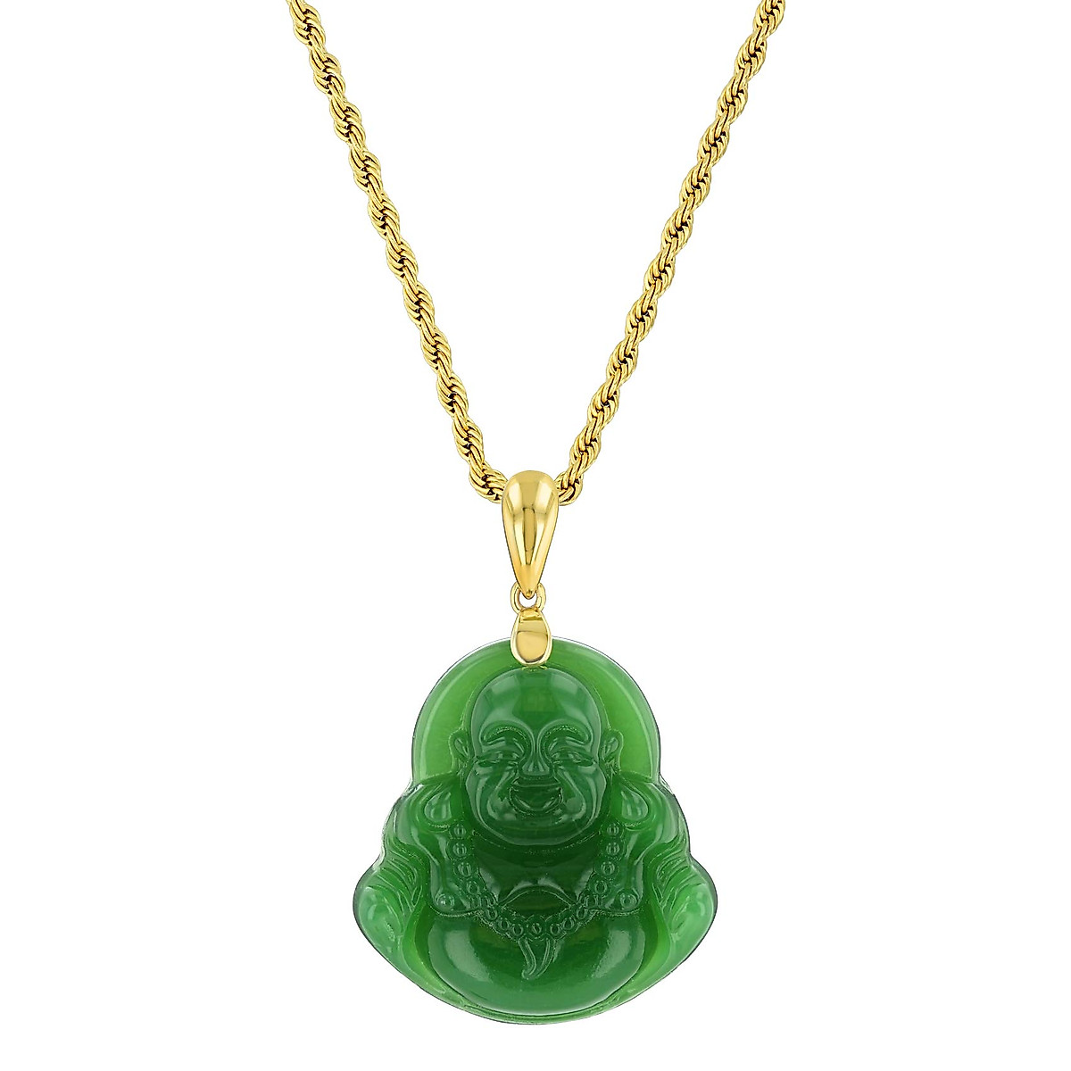 Smiling Laughing Buddha Green Jade Pendant Necklace Rope Chain Genuine Certified Grade A Jadeite Jade Hand Crafted, Jade Necklace, Gold Buddha necklace, Buddha chain, Jade Medallion 24" Rope Necklace