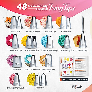 RFAQK 100PCs Icing Piping Bags and Tips Set, 12 Inch Pastry Bags with Piping Tips 48-Numbered+ Video Course + Booklet + E-book, Cake Decorating Kit for Cookie Cupcake Cake Decoration