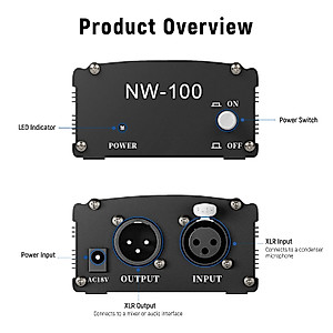 Neewer 1-Channel 48V Phantom Power Supply with Adapter, BONUS+XLR 3 Pin Microphone Cable for Any Condenser Microphone Music Recording Equipment (8 feet)