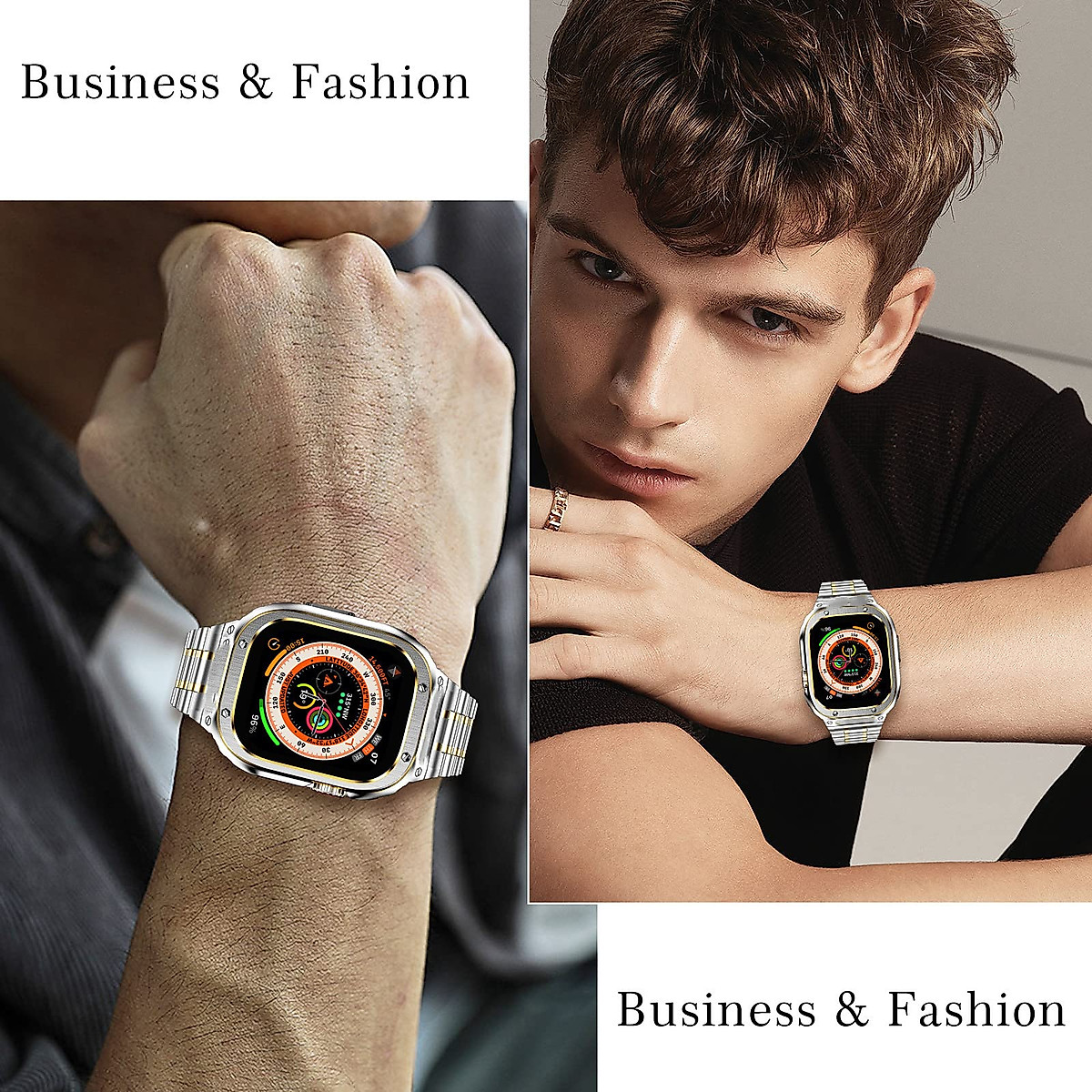 HASLFM Stainless Steel Watch Band with Case Compatible with Apple Watch Ultra/Ultra 2(49mm),Metal Strap and Rugged Protective Cover for iWatch Bands Cases Men, Silver/Gold