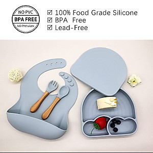 SmoreBaby 4pcs Baby Silicone Feeding Set Toddler Plates Bib Spoon Fork with Suction Utensils Toddlers Baby-Led Boys Girls Eating Supplies (Dust Blue, Dusty Blue