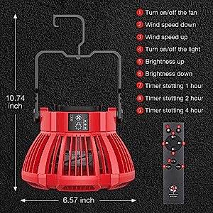 WaxPar Camping Fan For Milwaukee Fan Cordless Jobsite Fan, USB Tent Fan with LED Light Compatible with Milwaukee Battery Powered Fan 14.4-20V Li-Ion Battery, Remote,Timer, Foldable Hook