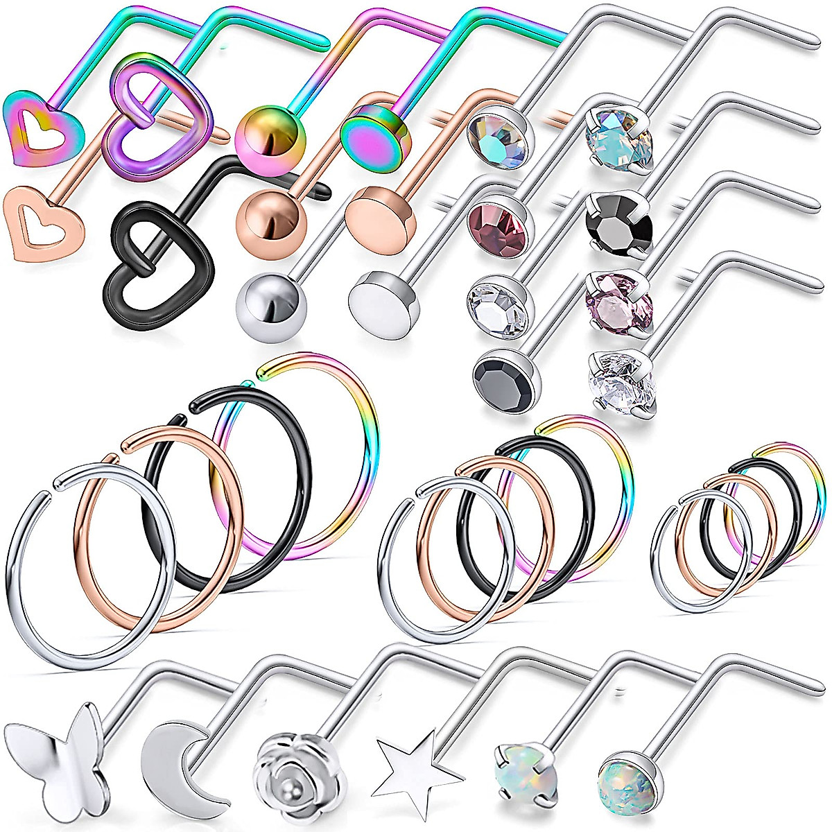 Leiainely 18g l Shaped Nose Rings Studs Hoops Piercings Jewelry for Women Men Surgical Steel 18 Gauge Stuf Bar 8mm 10mm 12mm Hypoallergenic Nostril Aretes para La Nariz