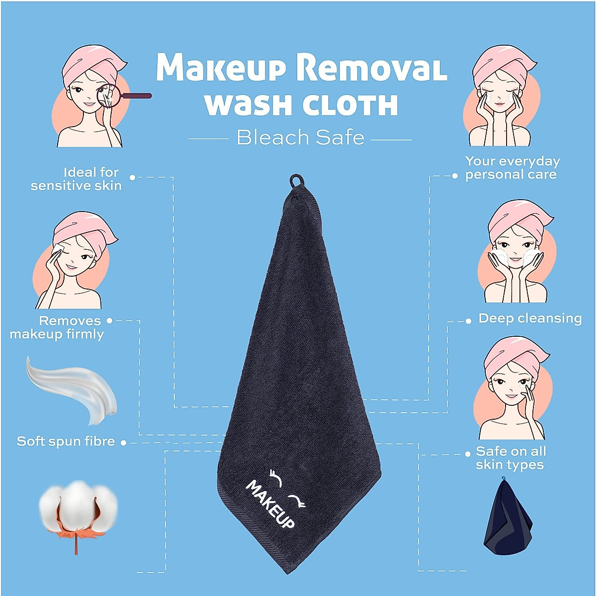 White Classic Bleach Safe Black Makeup Washcloths for Face Cleansing, 6 Pack - Super Soft Luxury Cotton Black Makeup Towels, Highly Absorbent and Quick Dry, All Makeup Remover Cloth | 13 x 13