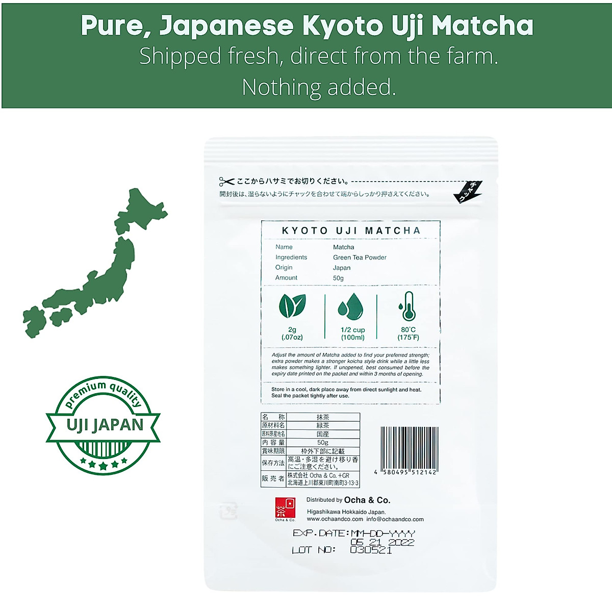 Ocha & Co. Kyoto Uji Matcha - Ceremonial Grade Matcha Powder - Highest Grade Traditional Stone Milled Japanese Matcha Green Tea Powder, 50g/1.75oz.