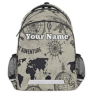 Herdesigns Custom Vintage Backpack for Men Women with Name Personalized Map Globe Compass School Bookbag Backpacks Customized Travel Casual Daypack Laptop Bag