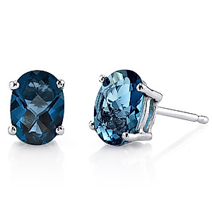 Peora 14K White Gold London Blue Topaz Earrings for Women, Natural Gemstone Classic Solitaire Studs, 7x5mm Oval Shape, 2 Carats total, Friction Back
