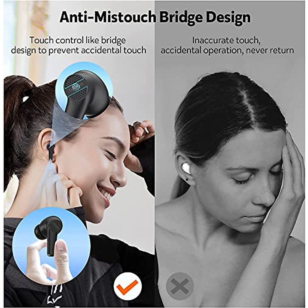 YYK Bluetooth Headphones Wireless Earbuds Touch Control Bluetooth 5.0 40H Playtime with Portable Mini Charging Case 4 Mic Call Noise Cancelling in-Ear Earphones for Sport Running Fitness Black