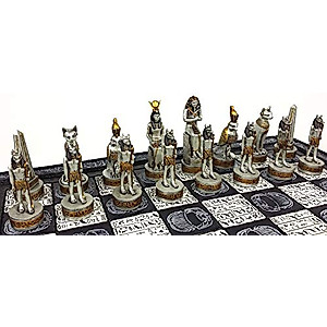 Egyptian Anubis Chess Set Black Silver and Gold Men with 16" Hieroglyphic Board