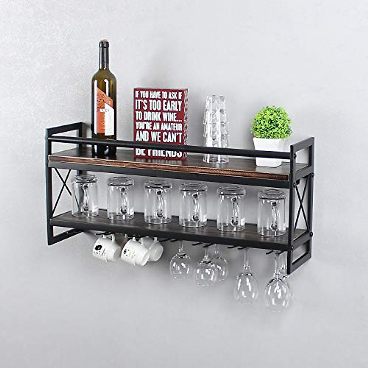 OISSIO Industrial Stemware Rack,Wine Rack Wall Mounted with Wood Shelves,2 Tier Stemware Storage with 7 Stem Glass Holder for Wine Glasses,Mugs,Home Decor,Retro Black(30 inch)