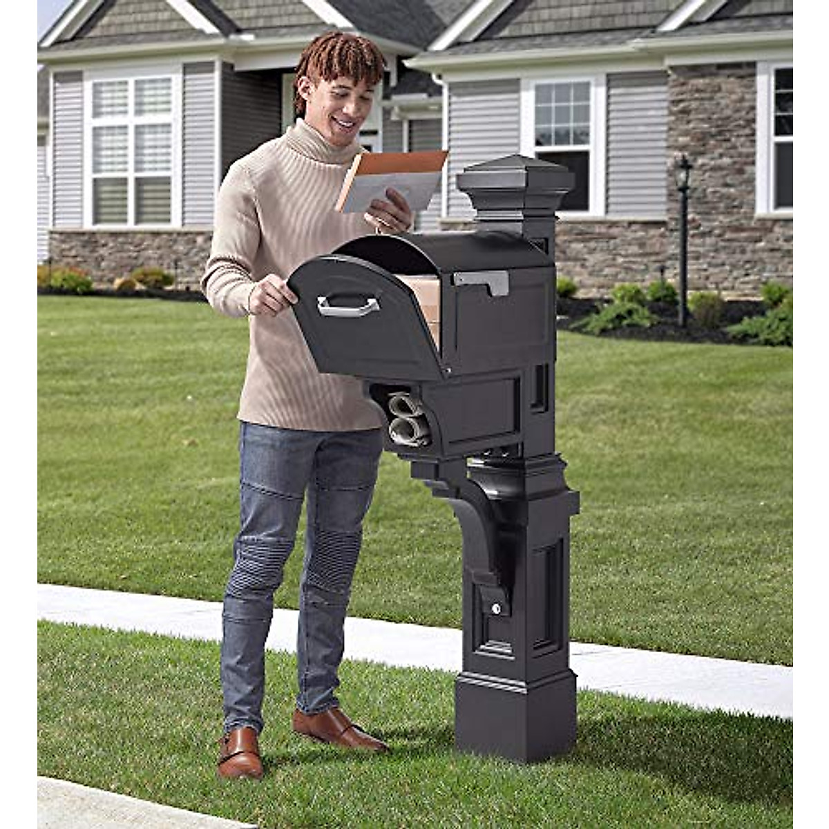 Step2 Atherton Mail Post, Mailbox Not Included, Weather Resistant, Large Outdoor Mailbox Post, Made of Durable Plastic, Easy to Install, Onyx Black