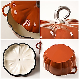 QQXX 4QT Pumpkin Cocotte,Pumpkin Cast Iron Dutch Oven,3.7l Pumpkin Pot Casserole with Lid and Handles,Non-Stick Stew Pot Soup Pot Halloween Cooking Pot for Soup Porridge Stew Gift
