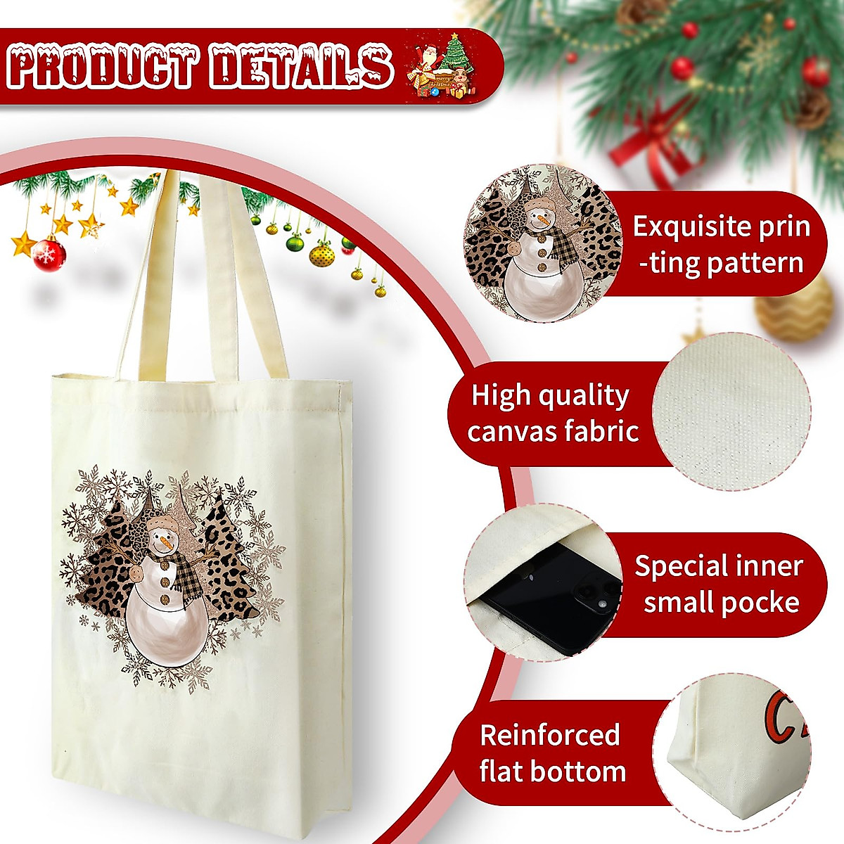 Abbylike 4 Pcs Christmas Canvas Tote Bag Reusable Grocery Shopping Bags with Interior Pocket Cute Casual Reusable Shoulder Bag for Supermarket Shopping Party Xmas Gifts Favor Supplies Women Presents