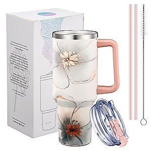 THILY 40 oz Stainless Steel Tumbler with Handle - Vacuum Insulated Travel Cup, Splash-Proof & Leakproof Lid, 2 Straws & Brush | Keeps Cold 34H/Hot 12H, Cupholder Friendly, Golden Bloom Whispers